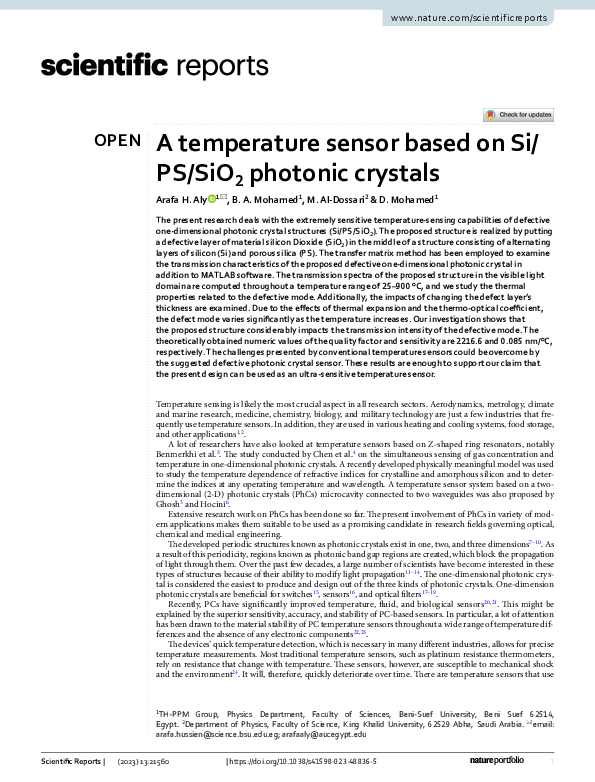 (PDF) A temperature sensor based on Si/PS/SiO2 photonic crystals