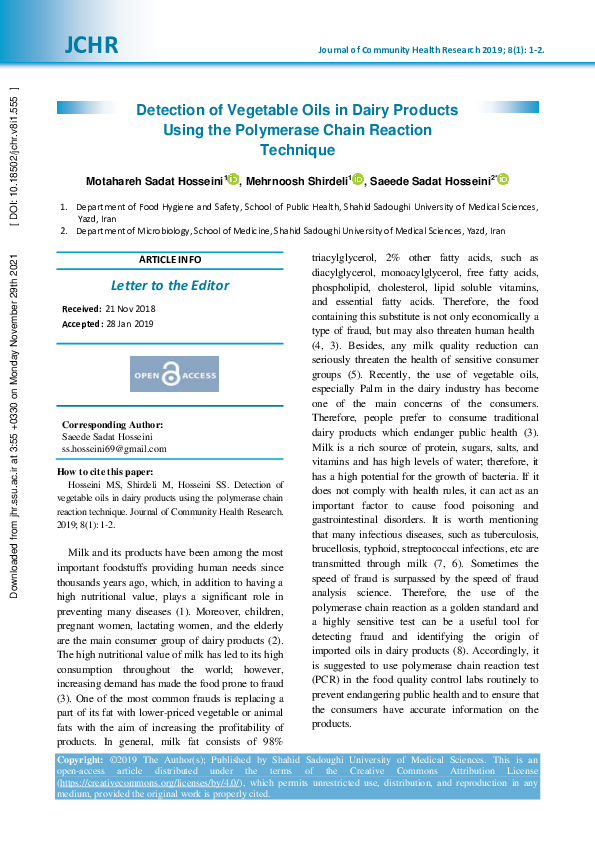 (PDF) Detection of Vegetable Oils in Dairy Products Using the ...