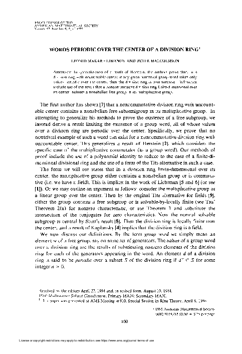 (PDF) Words periodic over the center of a division ring