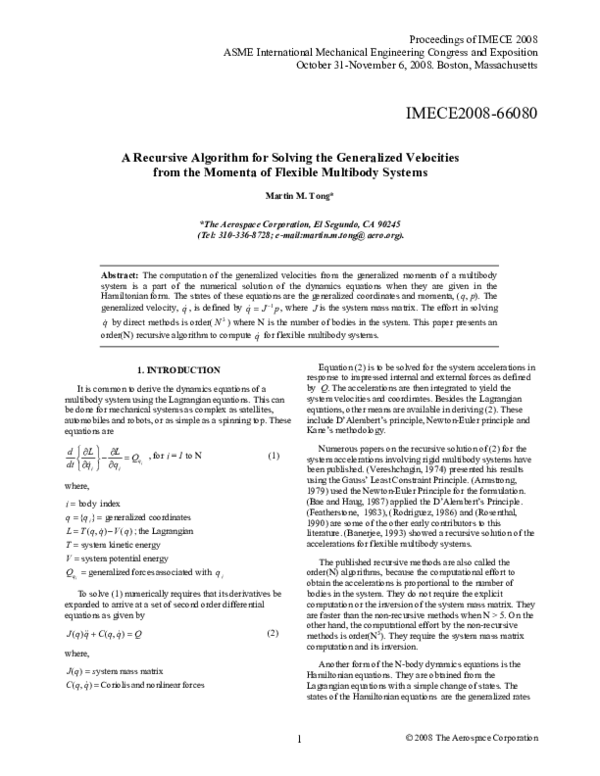 (PDF) A Recursive Algorithm for Solving the Generalized Velocities from the Momenta of Flexible ...