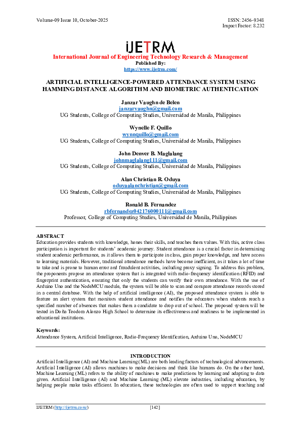 (PDF) ARTIFICIAL INTELLIGENCE-POWERED ATTENDANCE SYSTEM USING HAMMING DISTANCE ALGORITHM AND ...