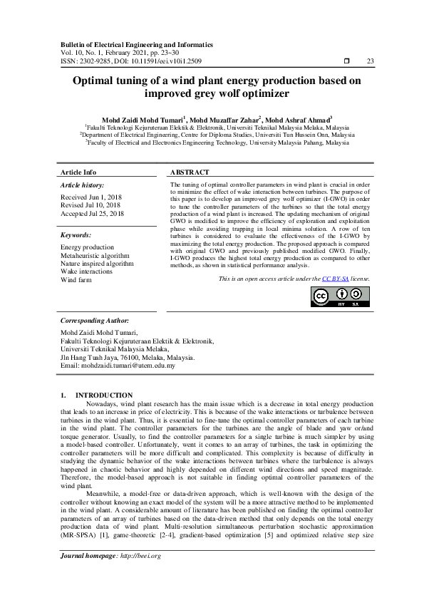 (PDF) Optimal tuning of a wind plant energy production based on improved grey wolf optimizer