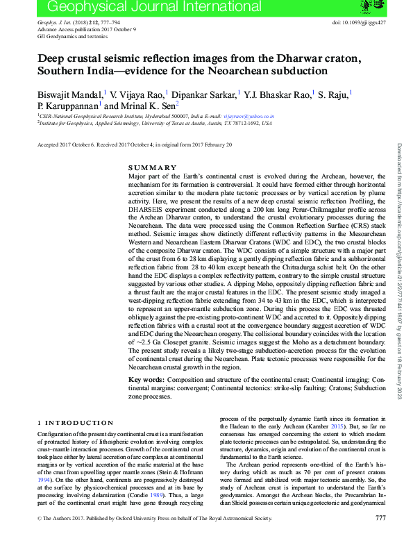 (PDF) Deep crustal seismic reflection images from the Dharwar craton ...