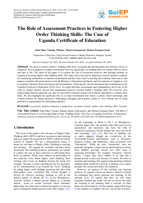(PDF) The Role of Assessment Practices in Fostering Higher Order ...