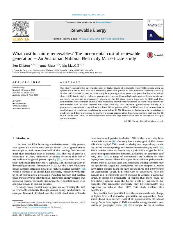(PDF) What cost for more renewables? The incremental cost of renewable generation – An ...