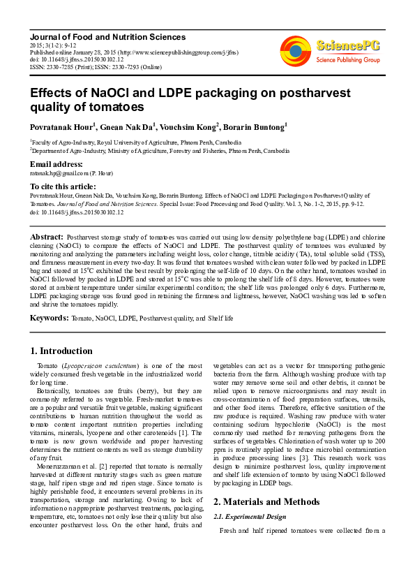 (PDF) Effects of NaOCl and LDPE Packaging on Postharvest Quality of Tomatoes