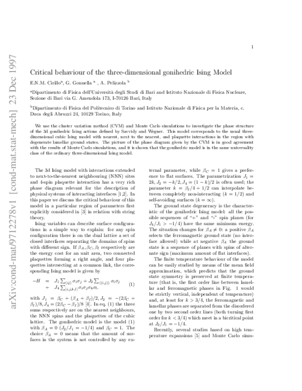 (PDF) Critical behaviour of the three-dimensional gonihedric Ising model