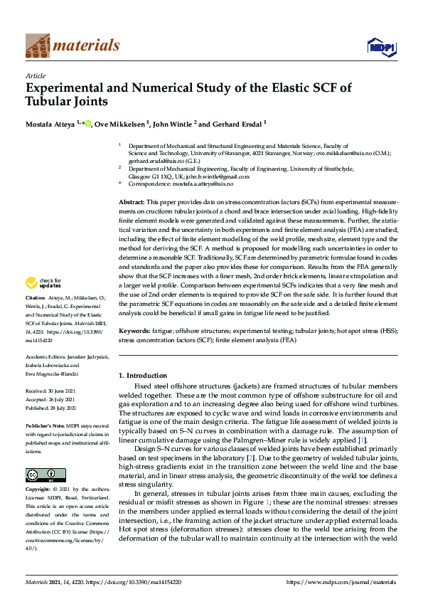 (PDF) Experimental and Numerical Study of the Elastic SCF of Tubular Joints