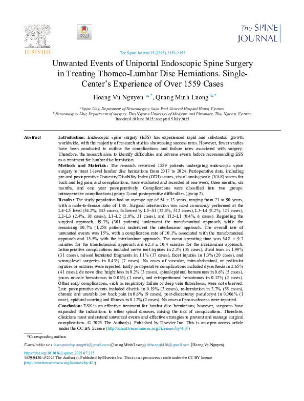 (PDF) Unwanted Events of Uniportal Endoscopic Spine Surgery in Treating ...