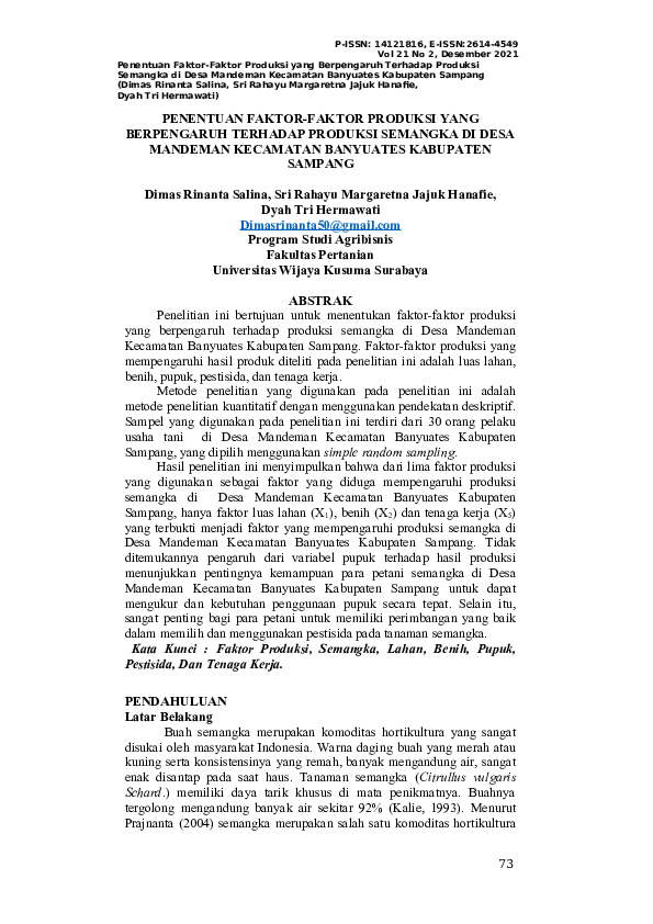 (PDF) Penentuan Faktor-Faktor Produksi Yang Berpengaruh Terhadap ...