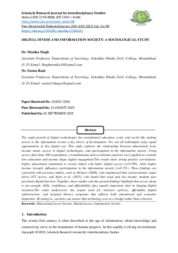 (PDF) DIGITAL DIVIDE AND INFORMATION SOCIETY: A SOCIOLOGICAL STUDY