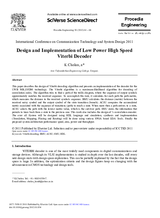 (PDF) Design and Implementation of Low Power High Speed Viterbi Decoder