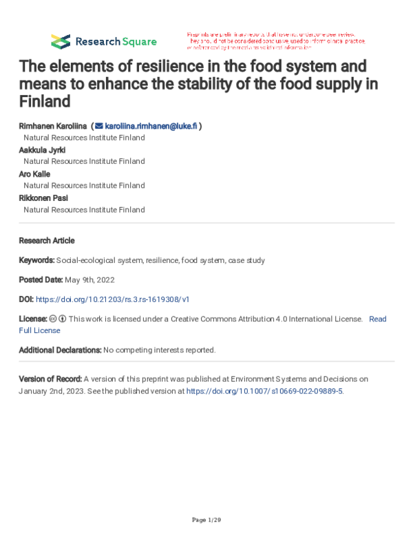 (PDF) The elements of resilience in the food system and means to ...