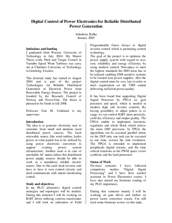 (PDF) Digital Control of Power Electronics for Reliable Distributed Power Generation