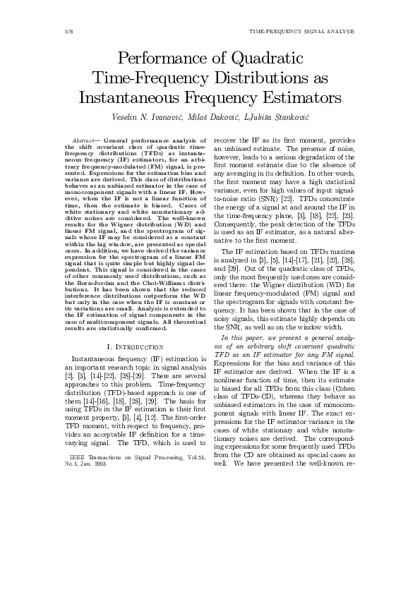 (PDF) Performance of quadratic time~frequency distributions as ...