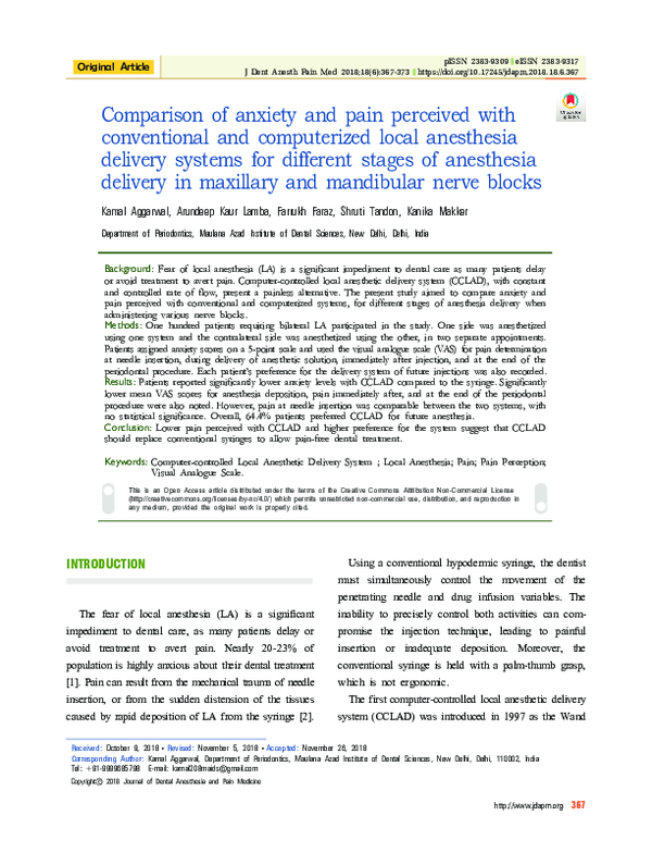 (PDF) Comparison of anxiety and pain perceived with conventional and ...