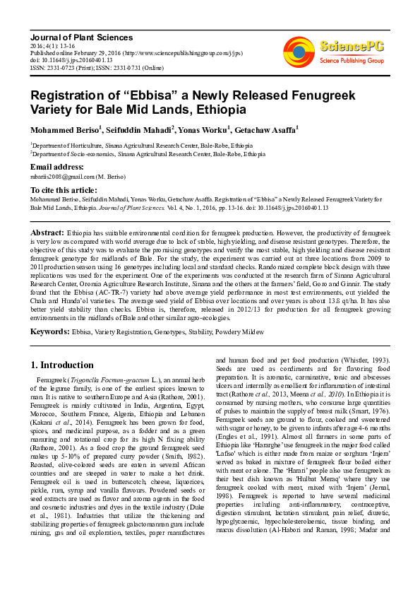 (PDF) Registration of “Ebbisa” a Newly Released Fenugreek Variety for ...