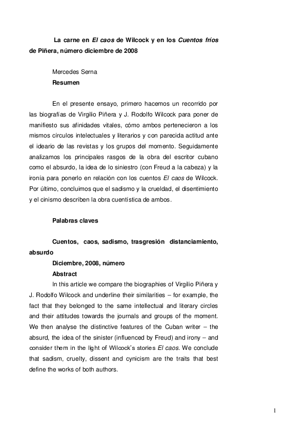 (PDF) La carne en El caos de Wilcock y en los Cuentos fríos de Piñera