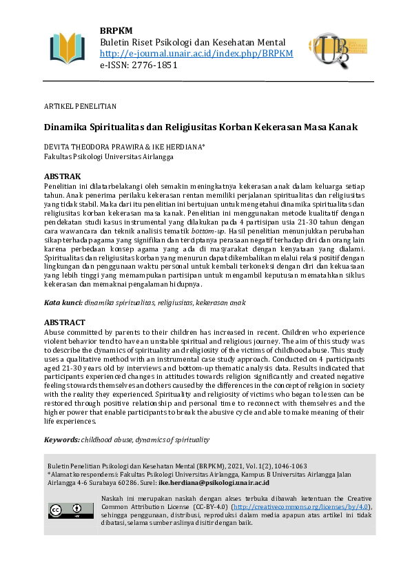 (PDF) Dinamika Spiritualitas dan Religiusitas Korban Kekerasan Masa Kanak