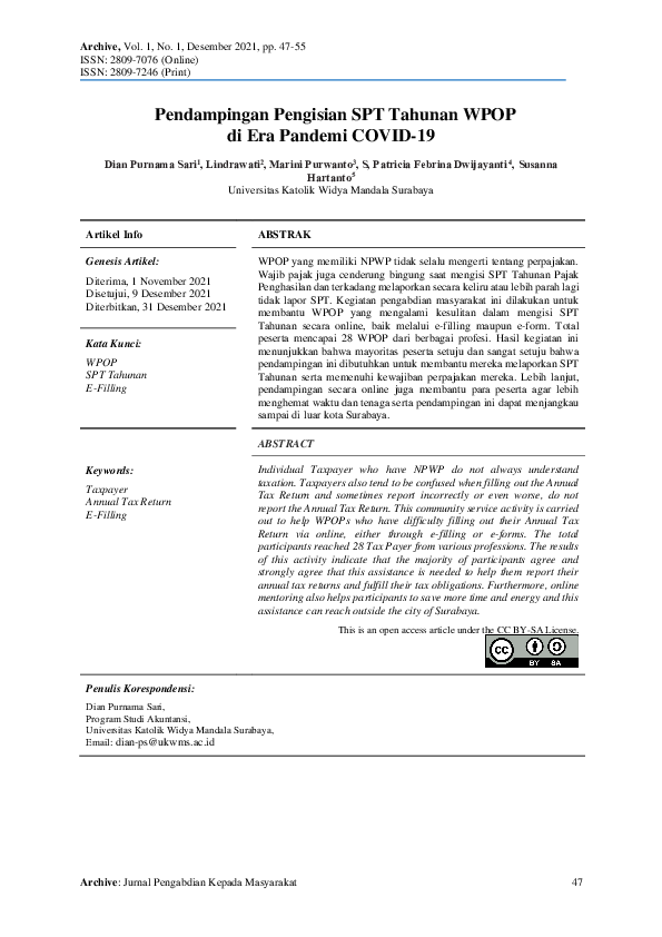 (PDF) Pendampingan Pengisian SPT Tahunan WPOP di Era Pandemi COVID-19