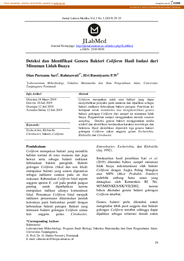 (PDF) Deteksi dan Identifikasi Genera Bakteri Coliform Hasil Isolasi ...