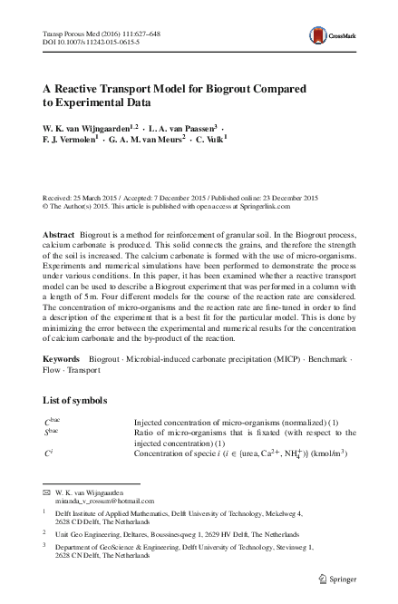 (PDF) A Reactive Transport Model for Biogrout Compared to Experimental Data
