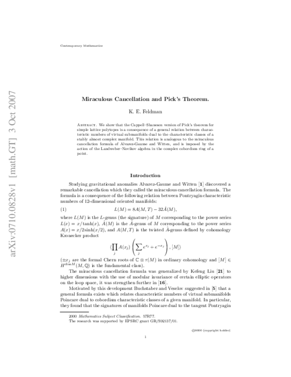 (PDF) Miraculous cancellation and Pick’s theorem