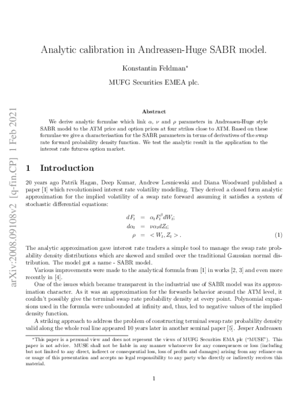 (PDF) Analytic Calibration in Andreasen-Huge SABR Model