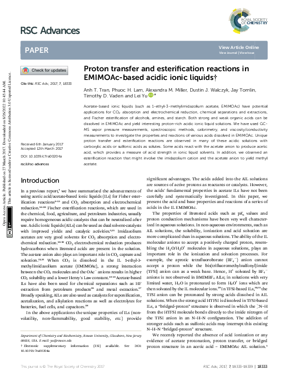(PDF) Proton transfer and esterification reactions in EMIMOAc-based ...