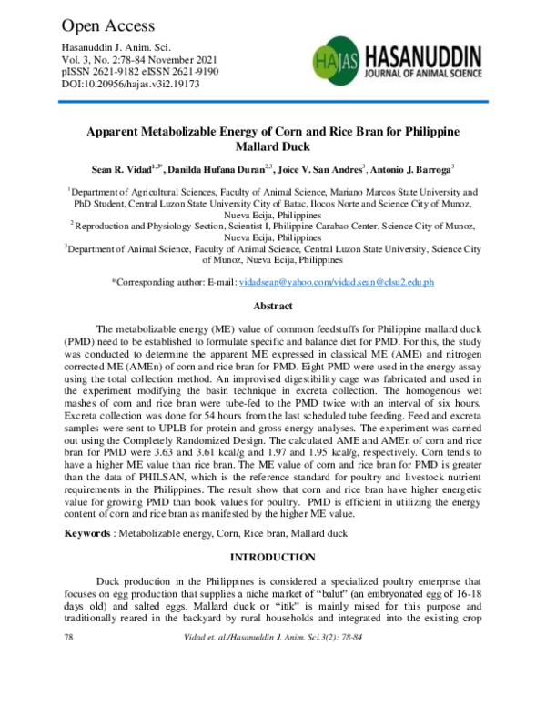 (PDF) Apparent Metabolizable Energy of Corn and Rice Bran for ...