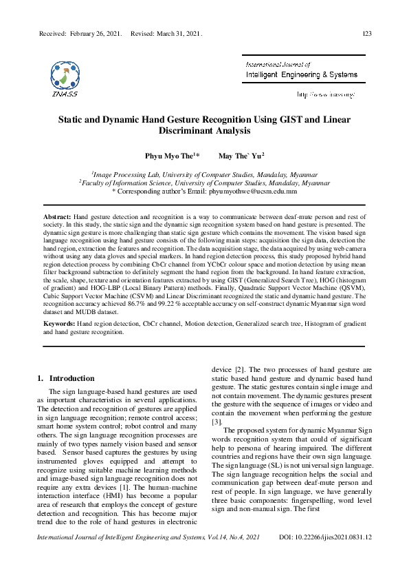 (PDF) Static and Dynamic Hand Gesture Recognition Using GIST and Linear Discriminant Analysis