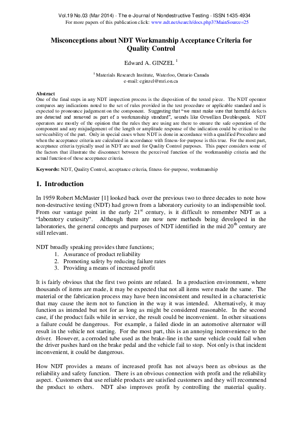 (PDF) Misconceptions about NDT Workmanship Acceptance Criteria for ...