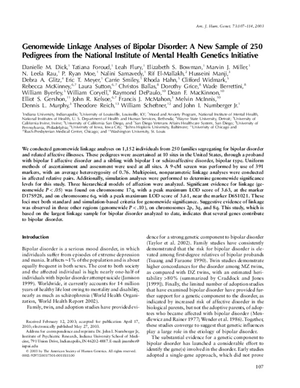 (PDF) Genomewide Linkage Analyses of Bipolar Disorder: A New Sample of ...