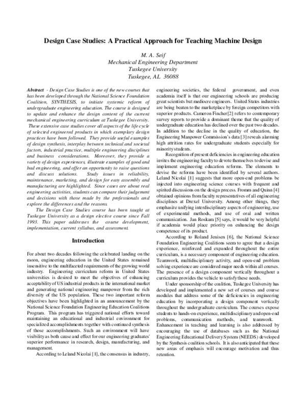 (PDF) Design Case Studies: a practical approach for teaching machine design