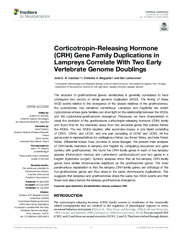 (PDF) Corticotropin-Releasing Hormone (CRH) Gene Family Duplications in ...