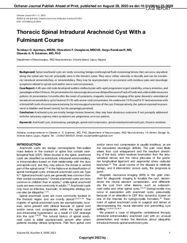 (PDF) Thoracic Spinal Intradural Arachnoid Cyst With a Fulminant Course