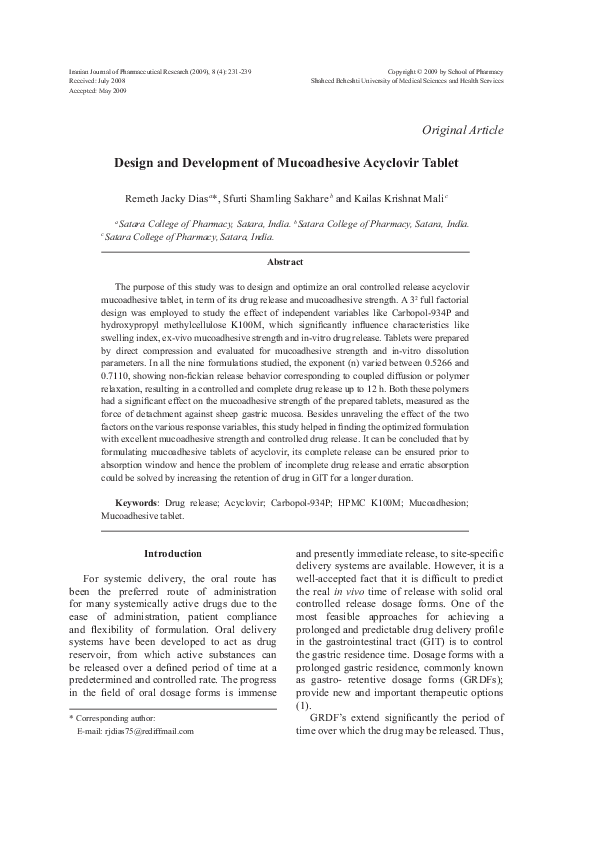 (PDF) Design and Development of Mucoadhesive Acyclovir Tablet