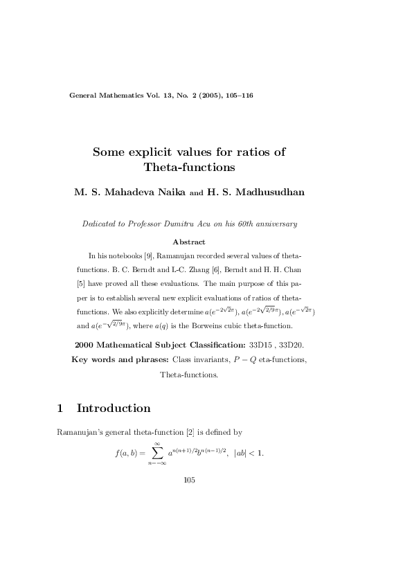 (PDF) Some explicit values for ratios of Theta-functions