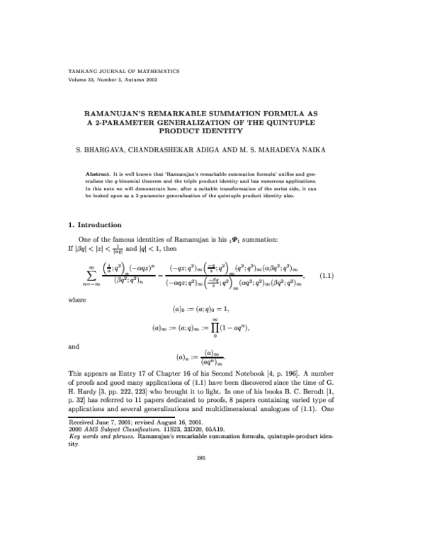 (PDF) Ramanujan's remarkable summation formula as a $2$-papameter generalization of the ...