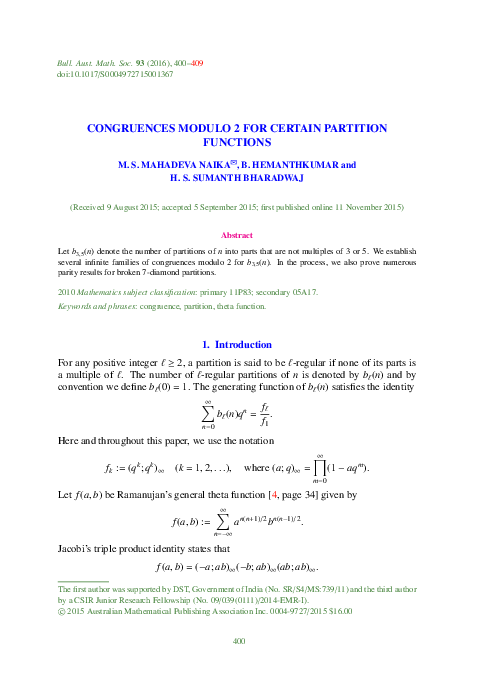 (PDF) Congruences Modulo 2 for Certain Partition Functions
