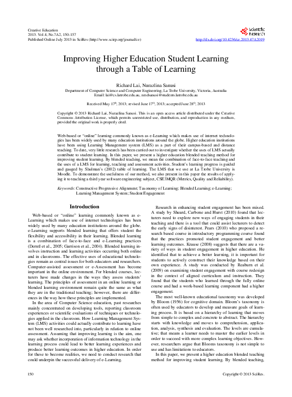 (PDF) Improving Higher Education Student Learning through a Table of ...