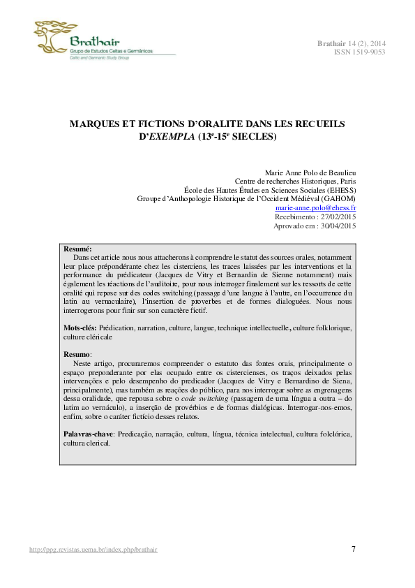 (PDF) MARCAS E FICÇÕES DE ORALIDADE NAS COMPILAÇÕES DE EXEMPLA (SÉCULOS ...