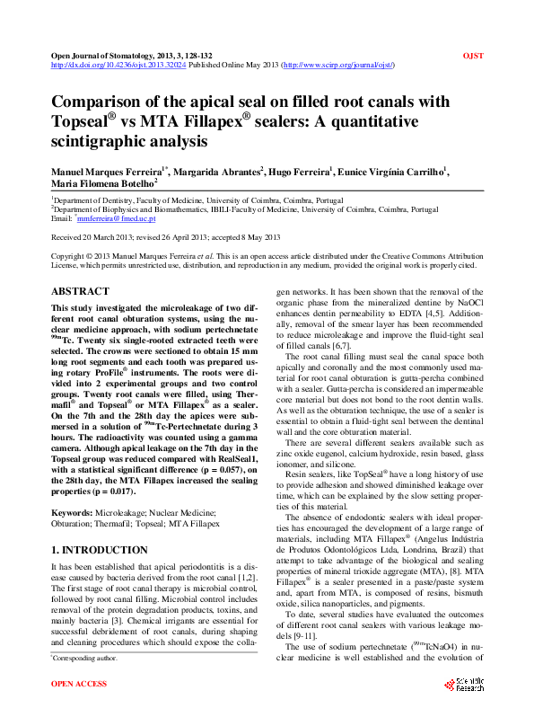 (PDF) Comparison of the apical seal on filled root canals with Topseal ...