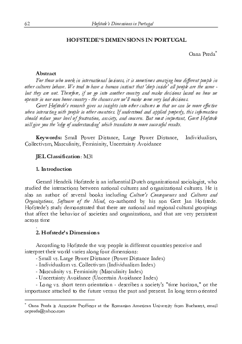 (PDF) Hofstede’s Dimensions in Portugal