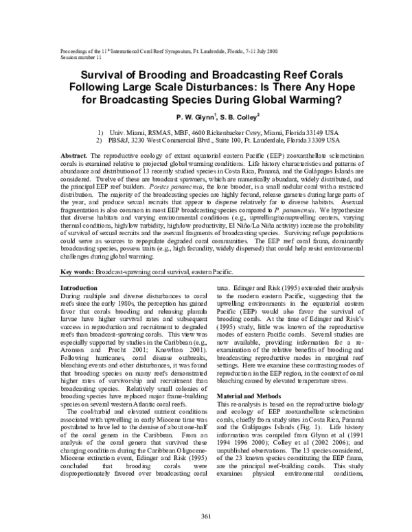 (PDF) Survival of brooding and broadcasting reef corals following large ...