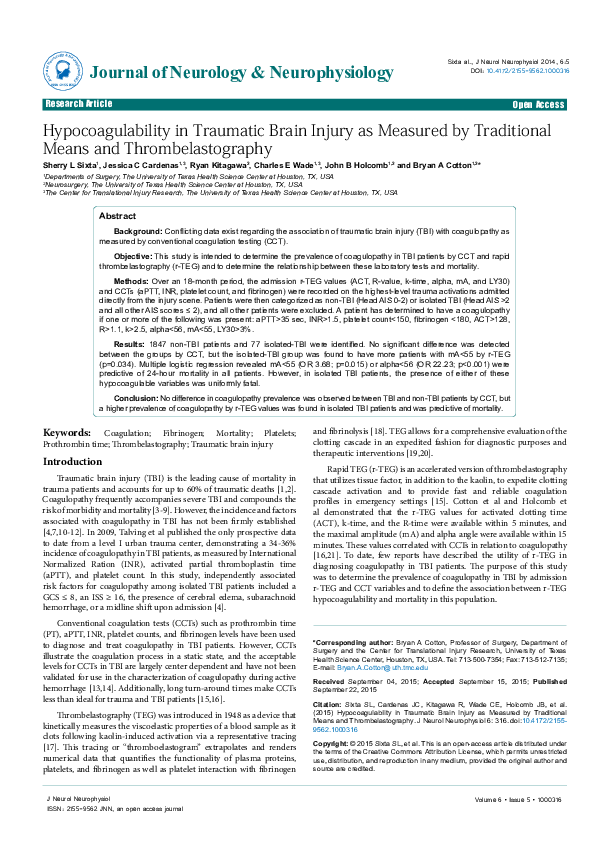(PDF) Hypocoagulability in Traumatic Brain Injury as Measured by ...