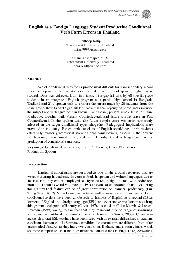 (PDF) English as a Foreign Language Student Productive Conditional Verb ...