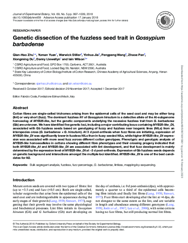 (PDF) Genetic dissection of the fuzzless seed trait in Gossypium barbadense
