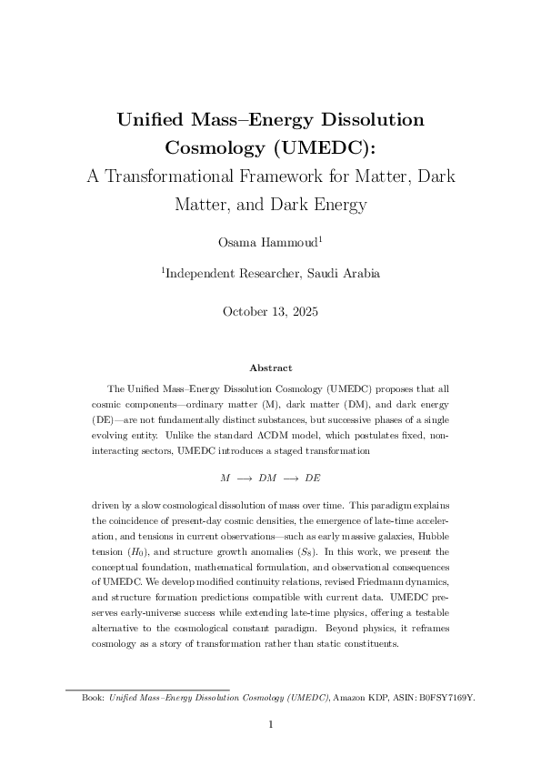 (PDF) Unified Mass-Energy Dissolution Cosmology (UMEDC): A ...