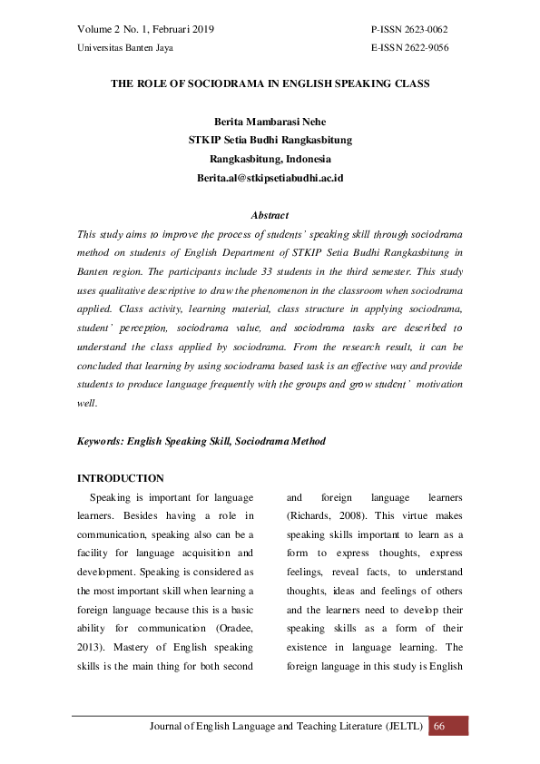 (PDF) The Role of Sociodrama in English Speaking Class